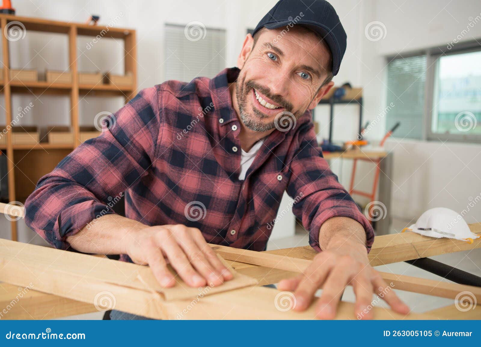 Happy Male Carpenter Sanding Wood in Workshop Stock Image - Image of ...