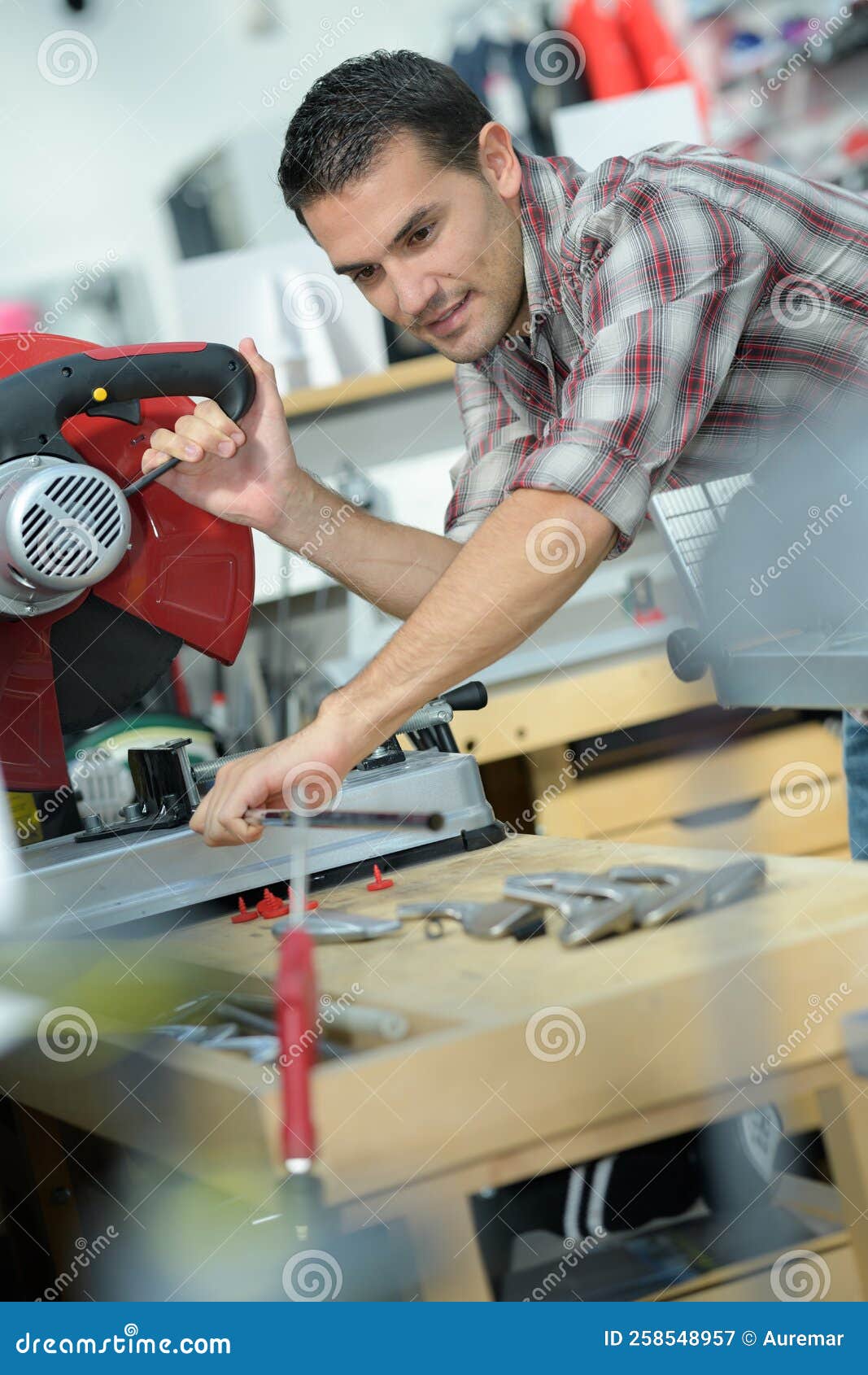 Happy Male Carpenter Working in Carpentry Shop Stock Image - Image of ...