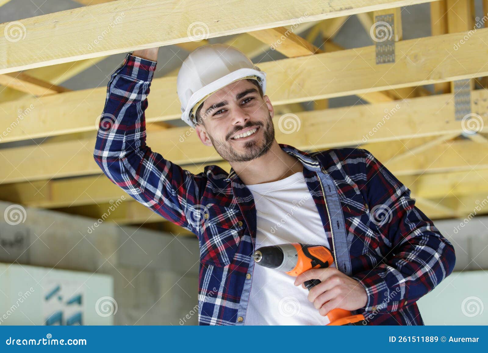Happy Male Construction Worker Adjusting Ceiling Stock Image - Image of ...