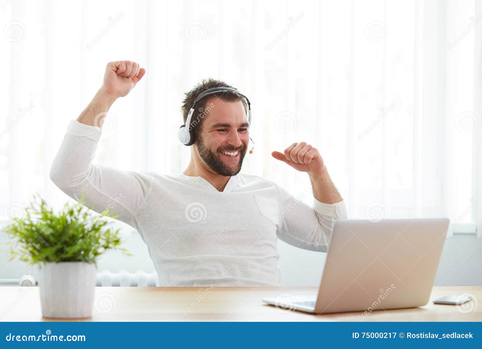 Happy Male Operator with Headset and Notebook Stock Image - Image of ...