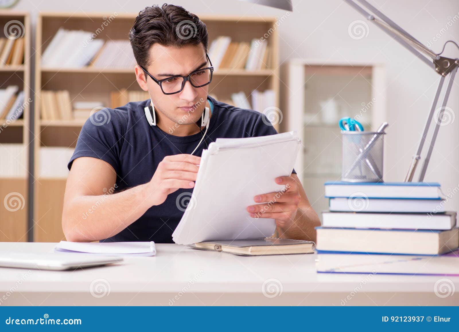 The Happy Male Student Preparing for His Exams Stock Image - Image of ...