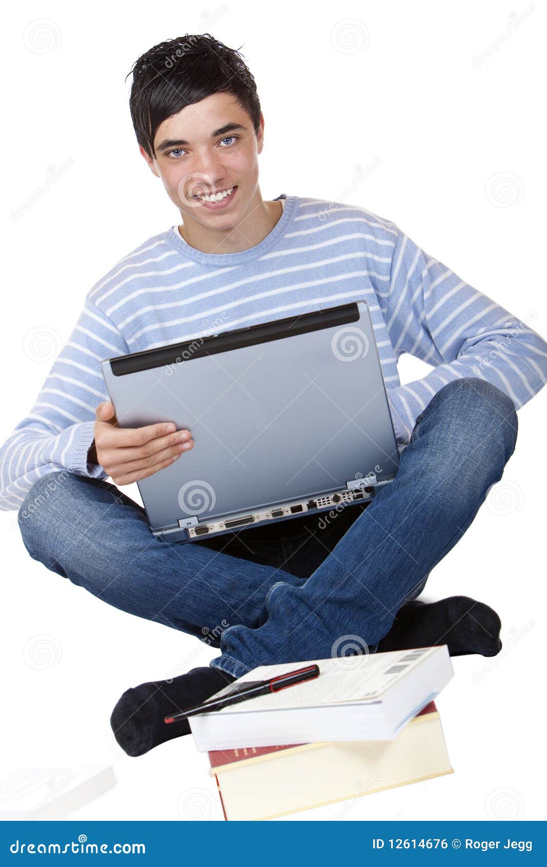 Happy Male Student Sitting with Laptop on Floor Stock Photo - Image of ...