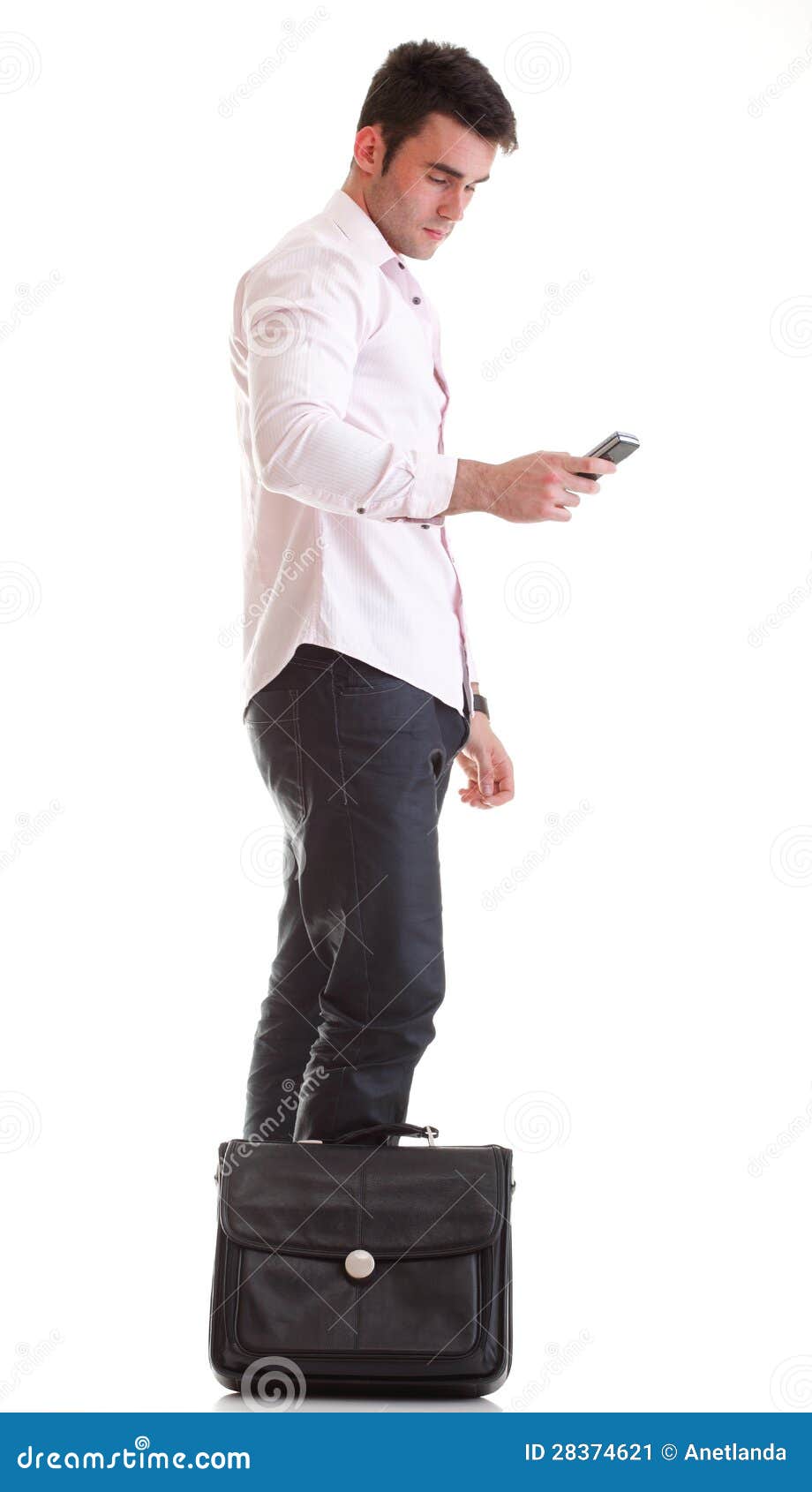Happy Man Answering Phone Against White Stock Image - Image of contact ...