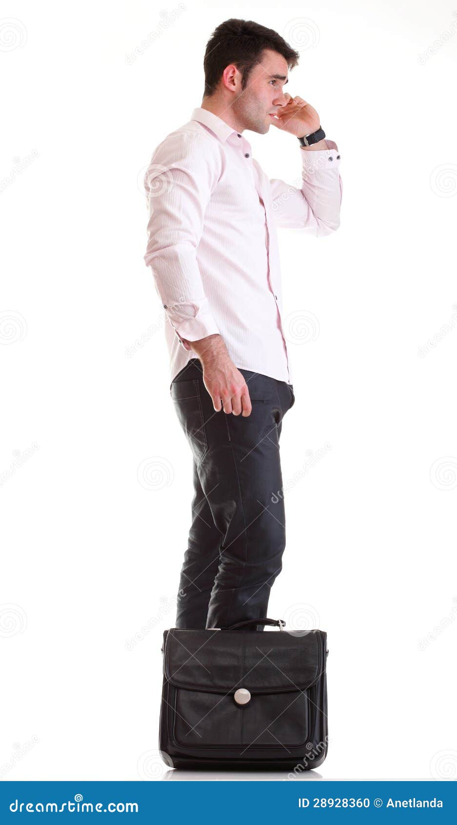 Happy Man Answering Phone Against White Stock Photo - Image of look ...