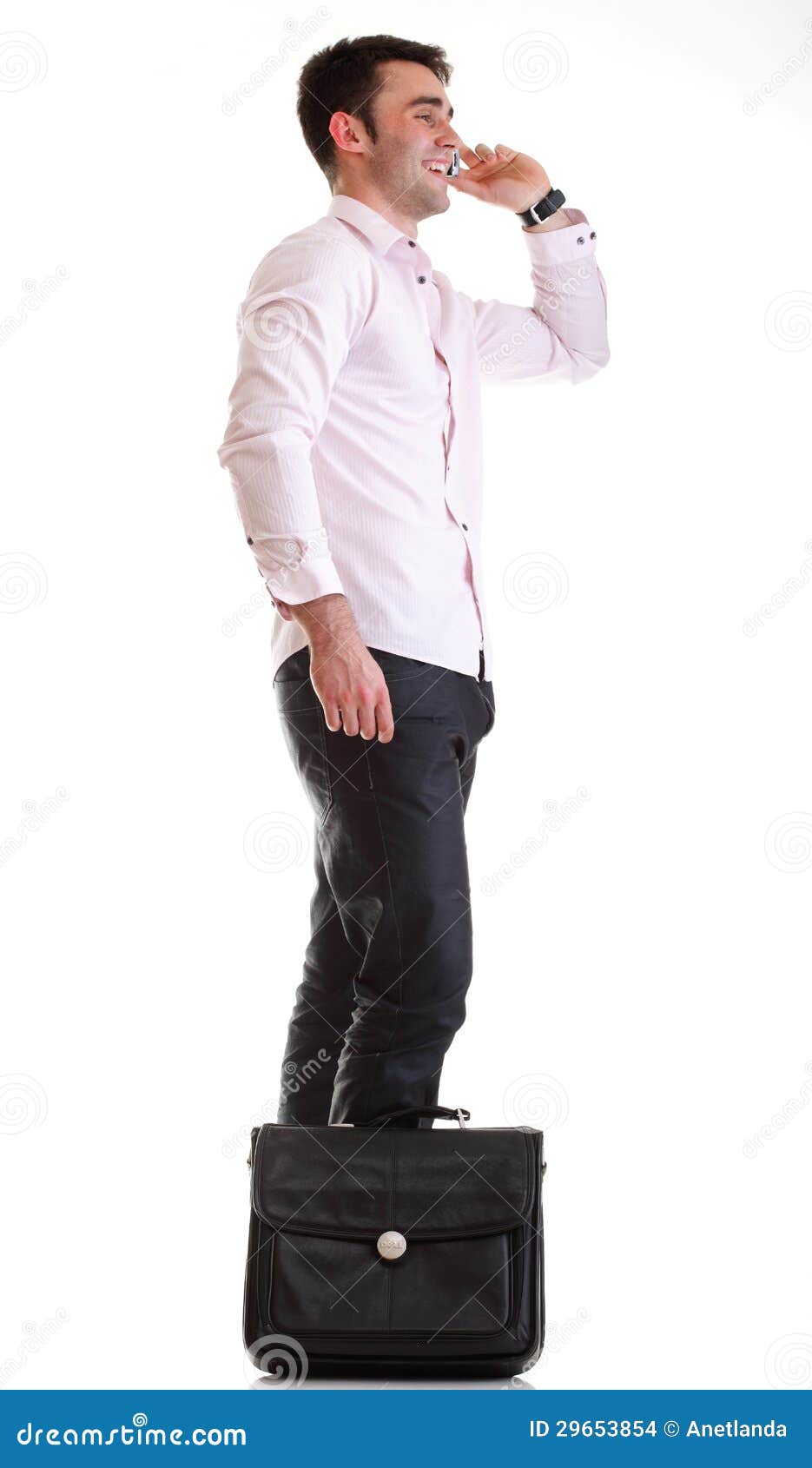 Happy Man Answering Phone Against White Stock Photo - Image of ...