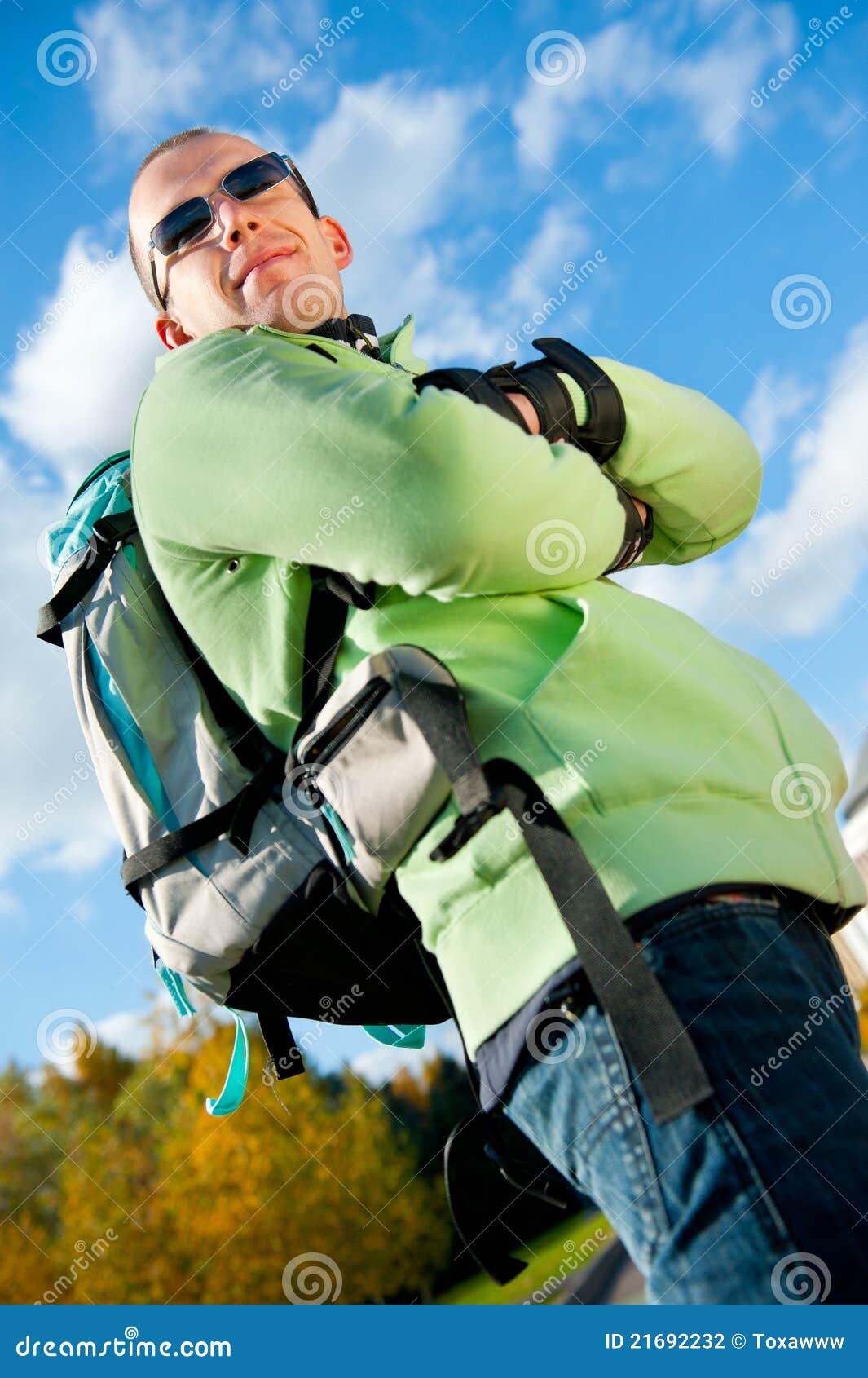 Happy Man with Backpack in the Park. Stock Photo - Image of backpack ...