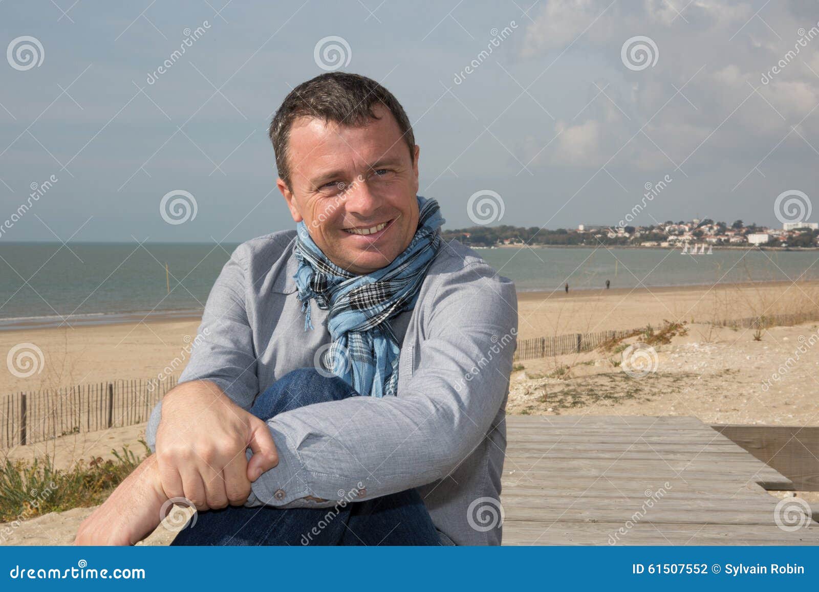 Happy Man on the Beach with Blue Shirt Stock Photo - Image of outside ...