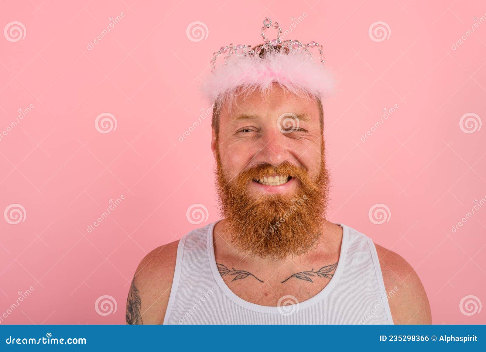 Happy Man with Beard , Tattoos and Crown Acts Like a Princess Stock ...