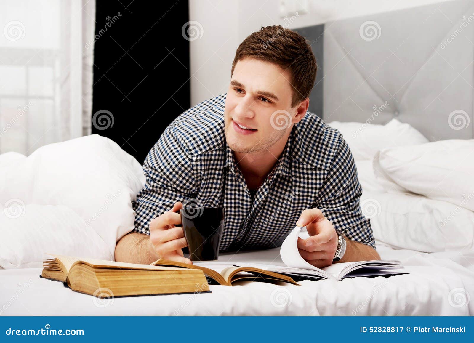 Happy Man with a Book in His Bed. Stock Image - Image of sleep ...
