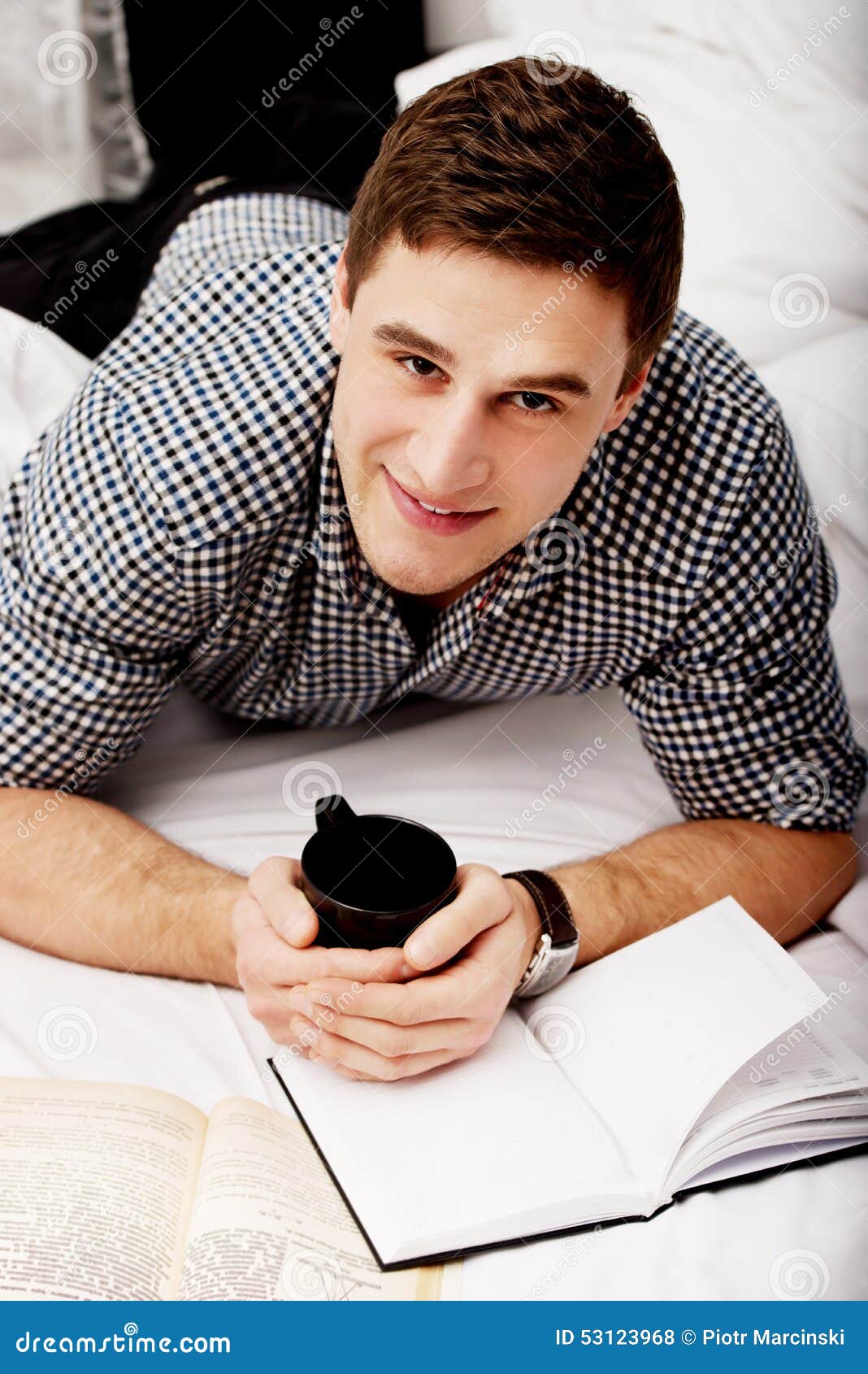 Happy Man with a Book in His Bed. Stock Photo - Image of learning ...