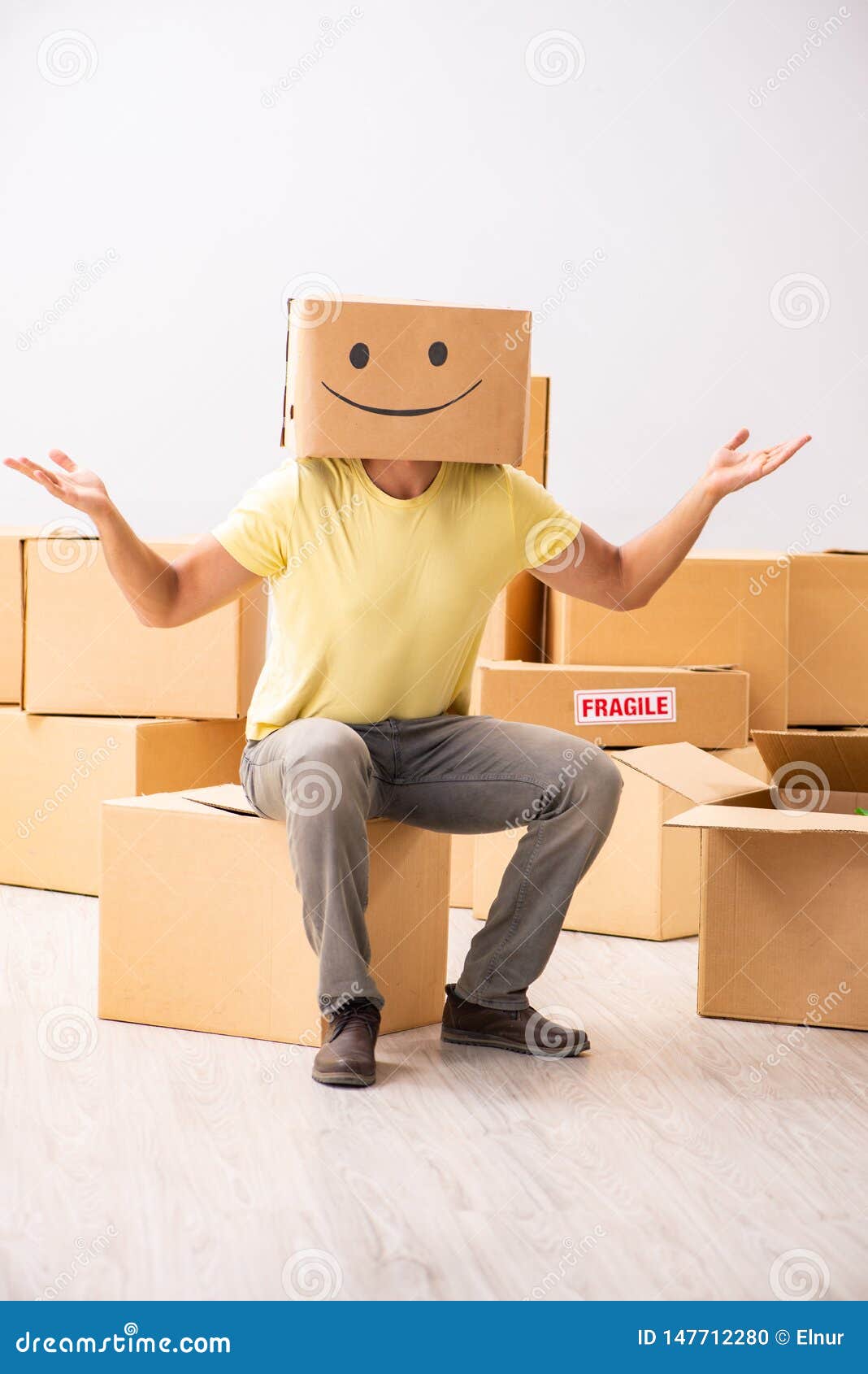 The Happy Man with Box instead of His Head Stock Photo - Image of flat ...