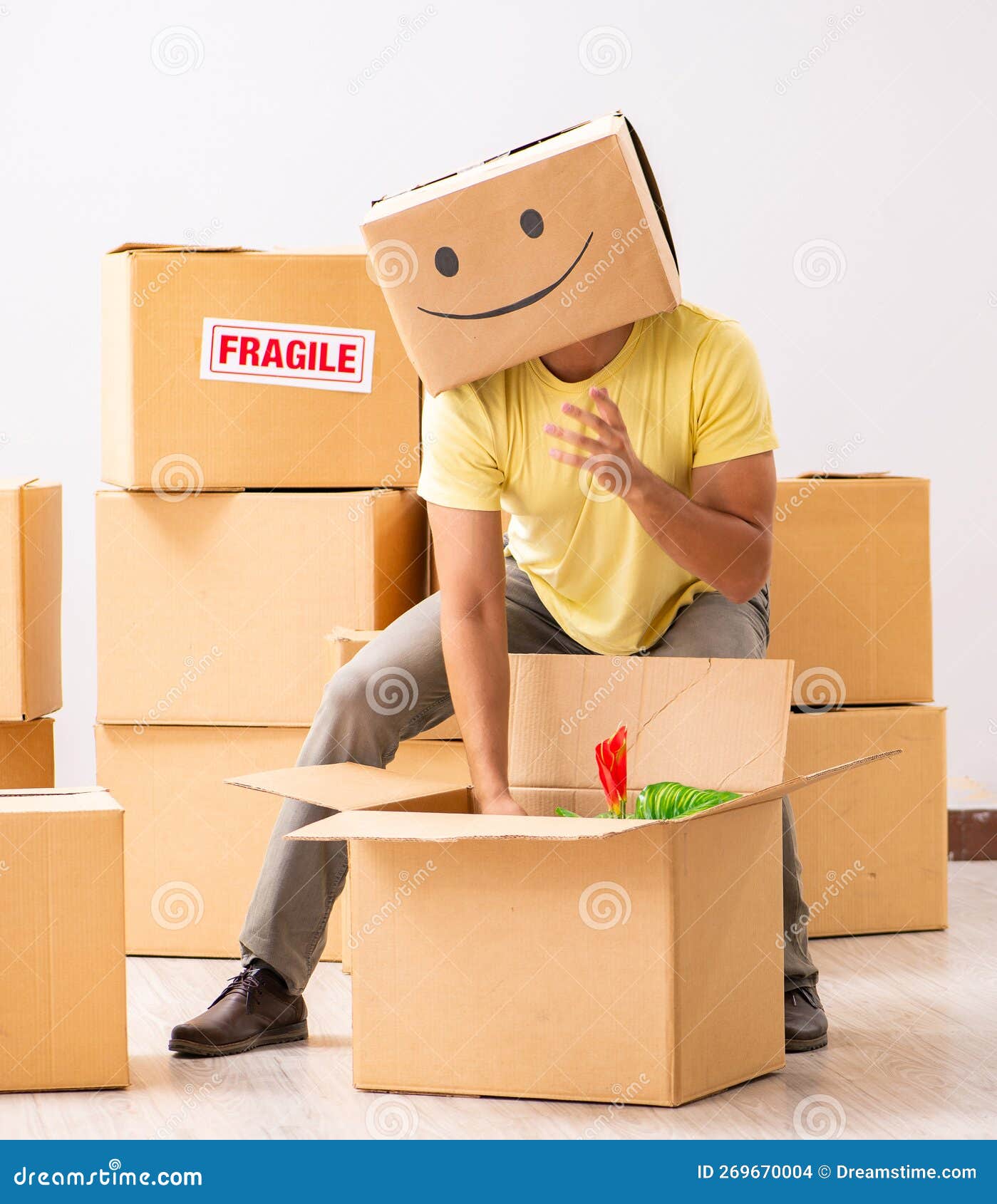 Happy Man with Box instead of His Head Stock Photo - Image of mask ...