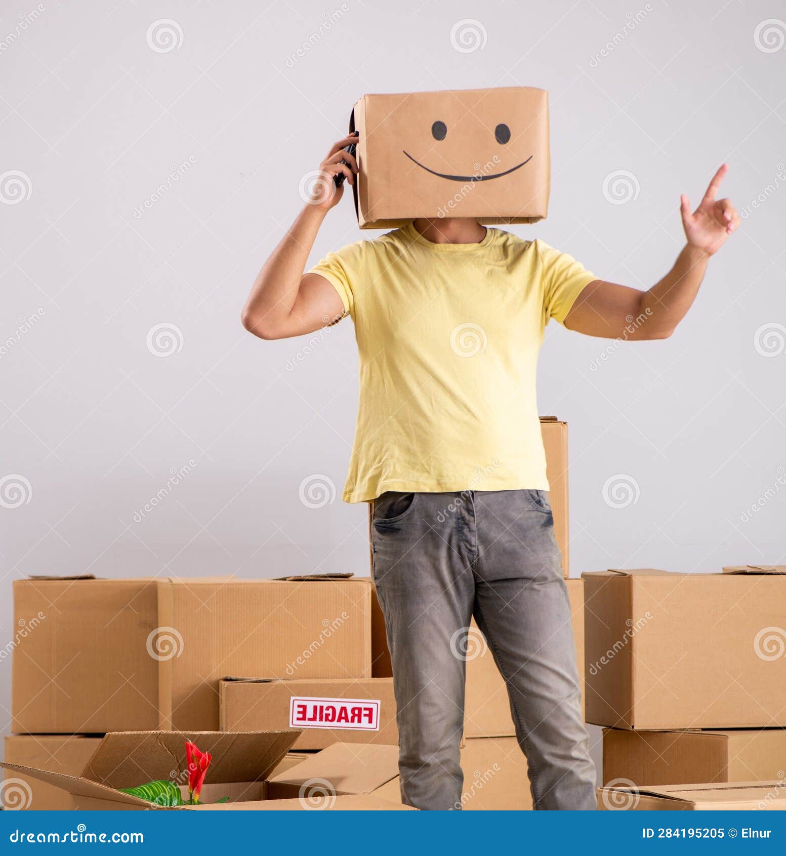 Happy Man with Box instead of His Head Stock Image - Image of emoticon ...