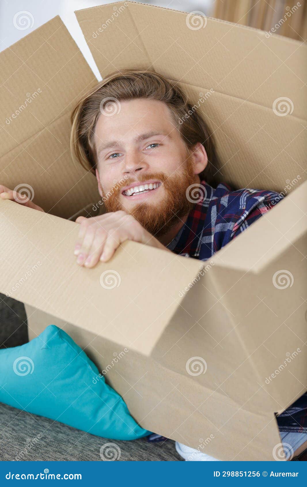 Happy Man with Box instead Head Stock Photo - Image of mortgage, flat ...