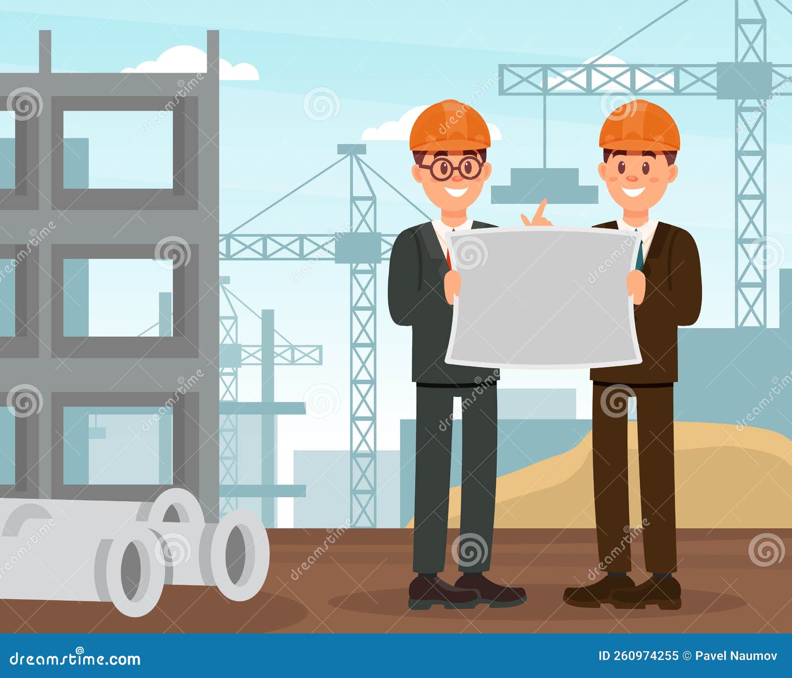 Happy Man Builder in Hard Hat with Draft at Construction Site Vector ...