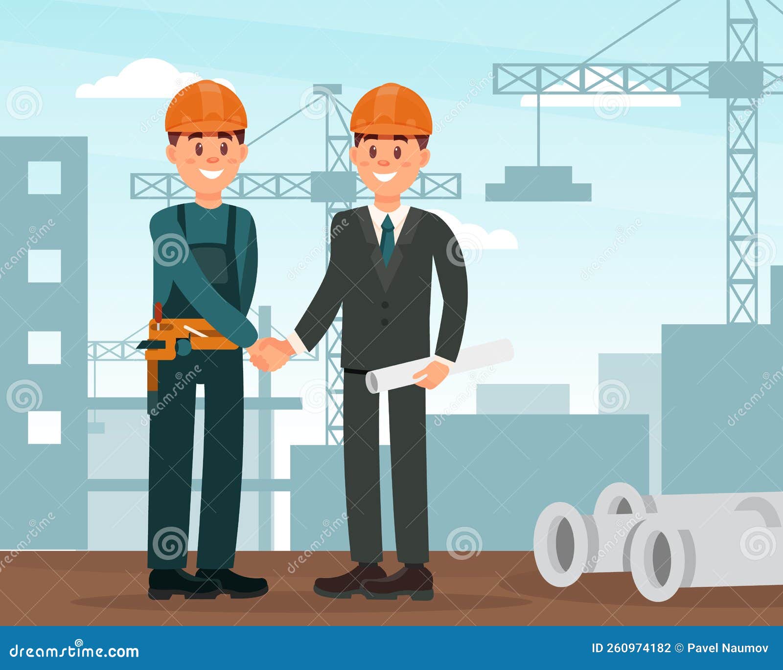 Happy Man Builder in Hard Hat and Uniform Handshaking with Architect at ...