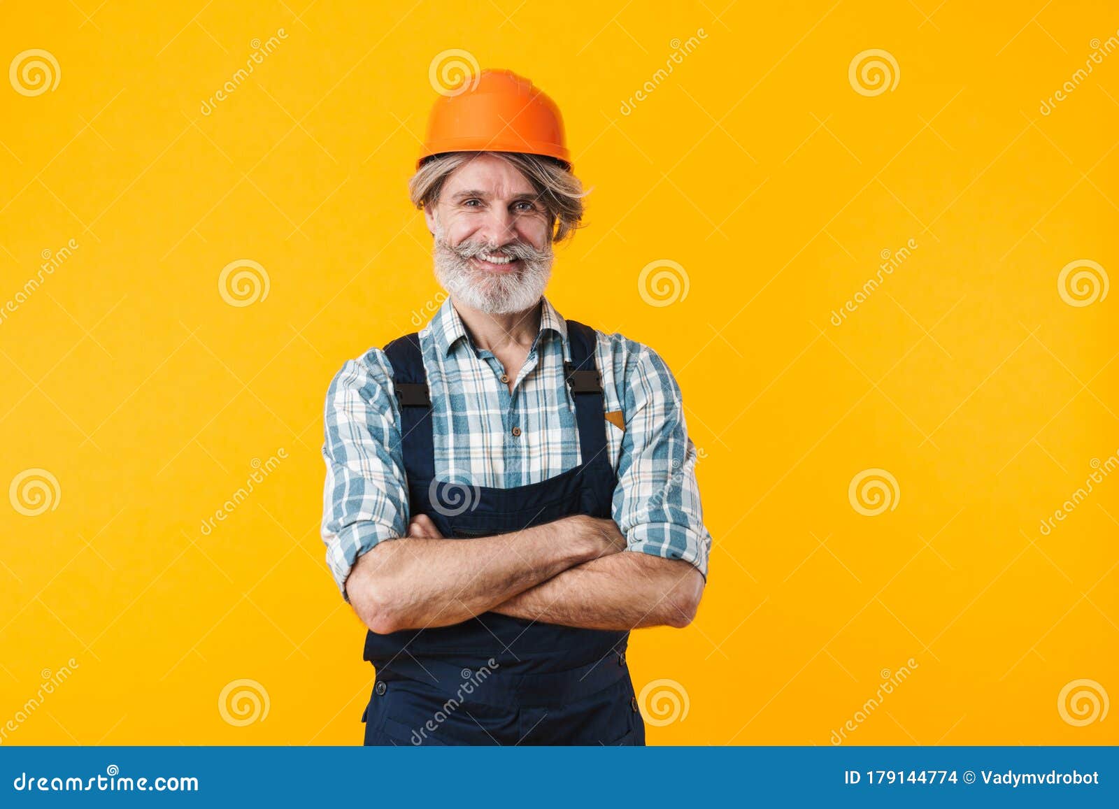 Happy Man Builder Over Yellow Wall Background Stock Photo - Image of ...