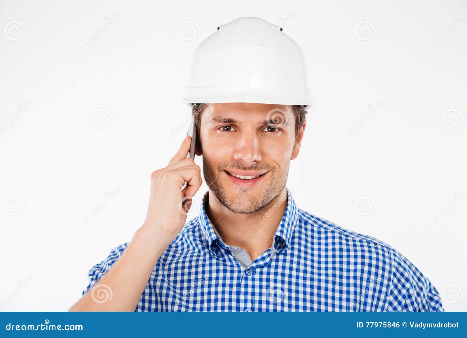 Happy Man Building Engineer in Helmet Talking on Mobile Phone Stock ...