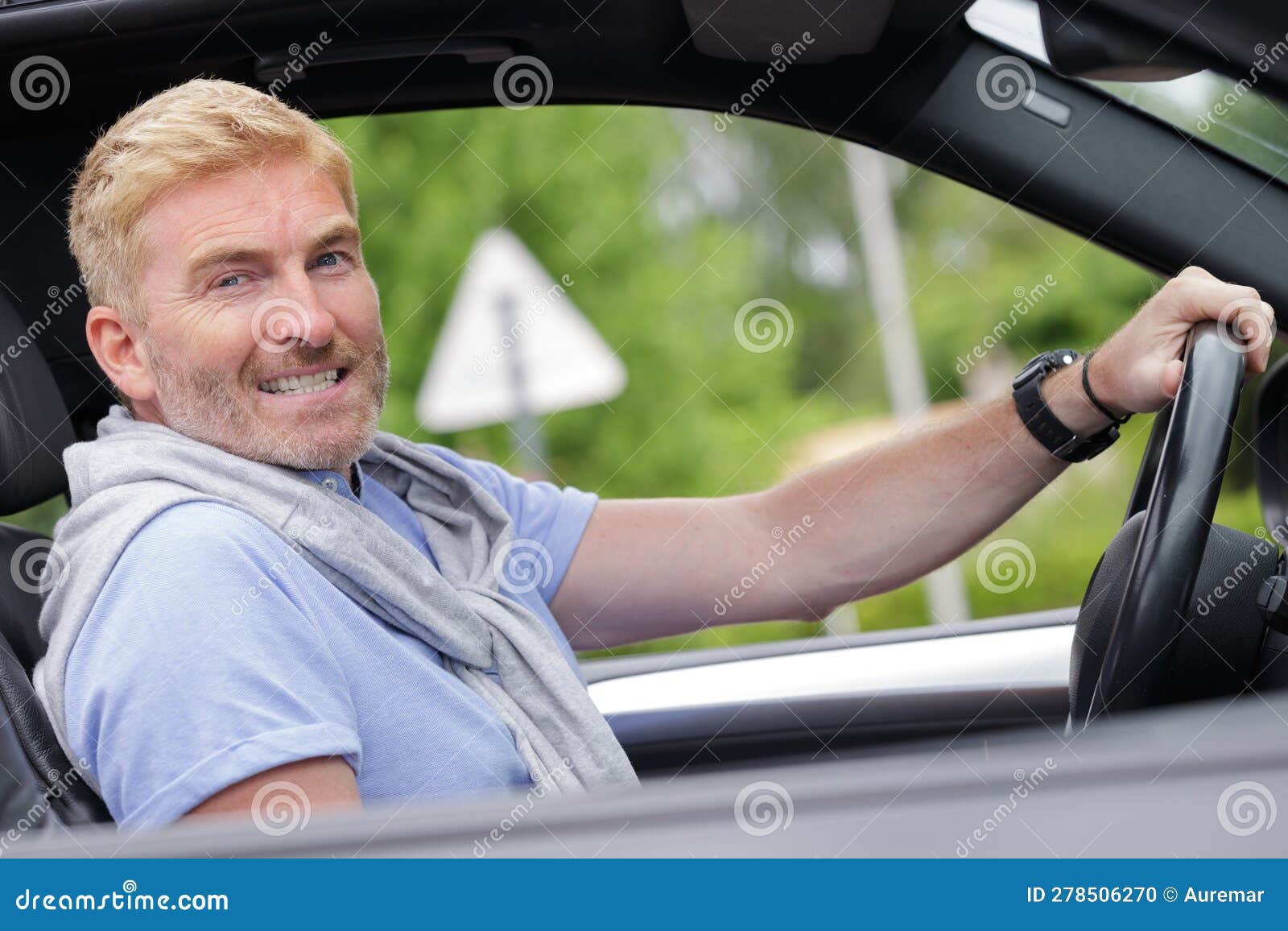 Happy man in car stock photo. Image of town, passengercar - 278506270