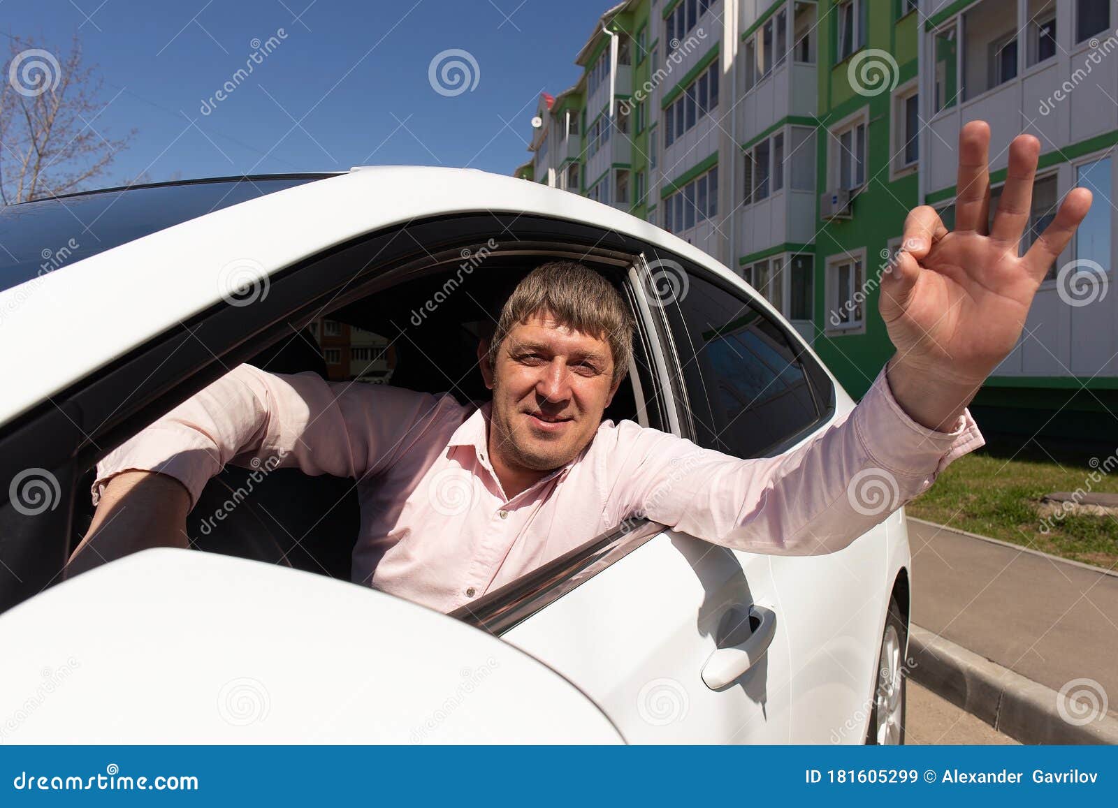 Happy Man in the Car, Waving His Hand Stock Image - Image of driver ...