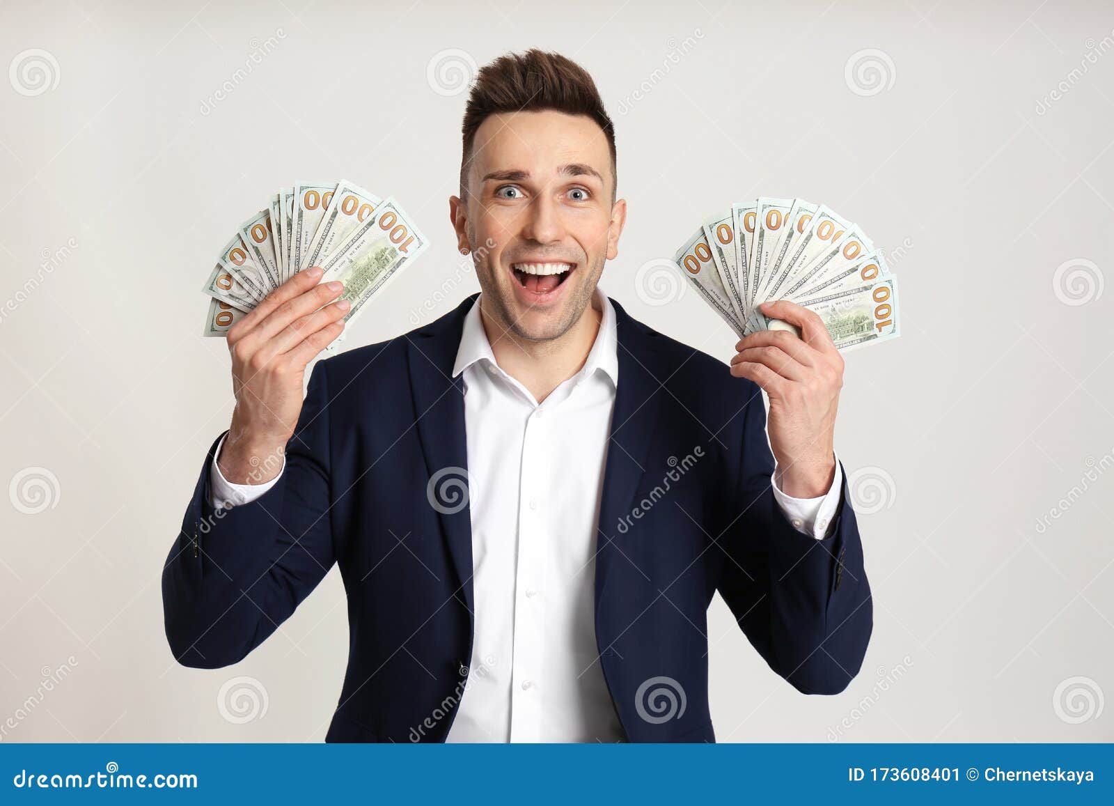 Happy Man with Cash Money on Light Grey Background Stock Image - Image ...
