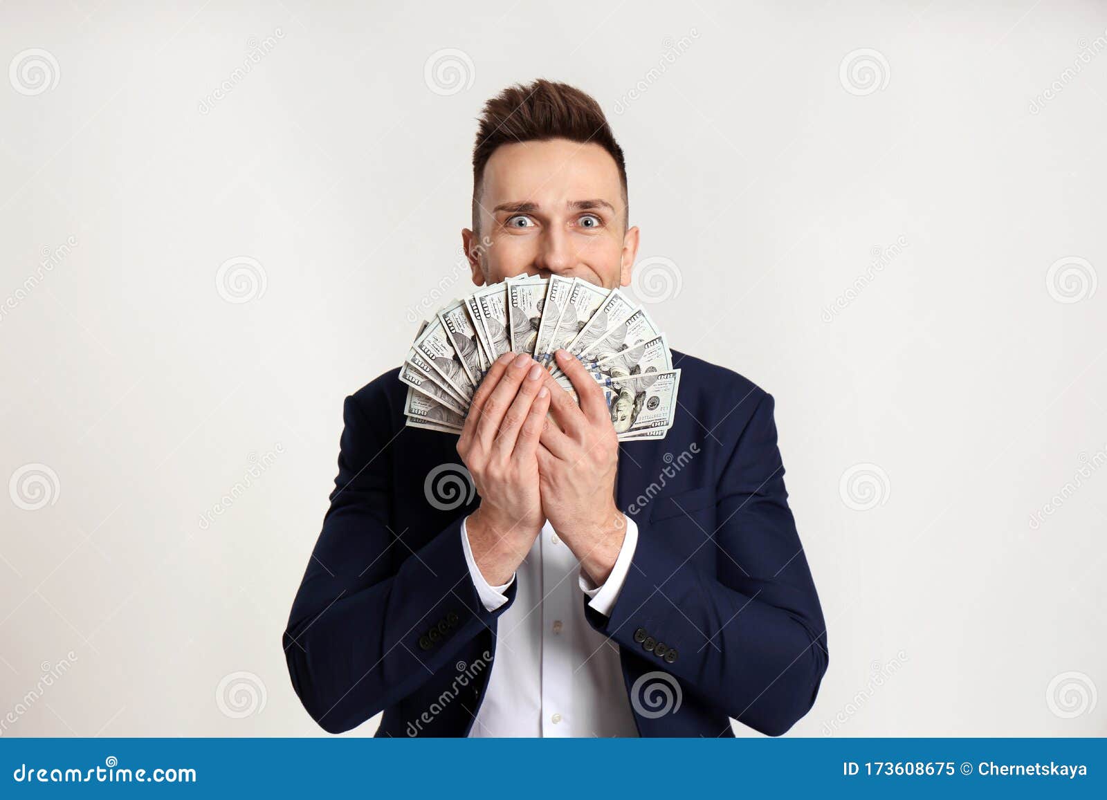 Happy Man with Cash Money on Light Grey Background Stock Image - Image ...