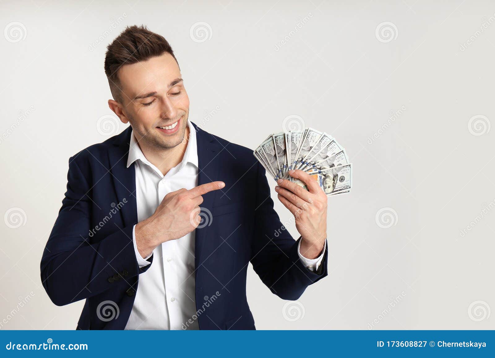 Happy Man with Cash Money on Light Grey Background Stock Image - Image ...