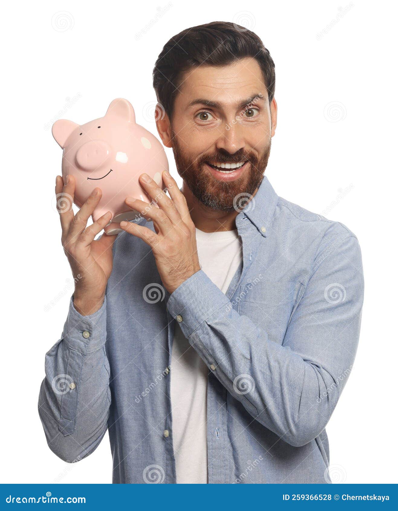 Happy Man with Ceramic Piggy Bank on White Background Stock Photo ...