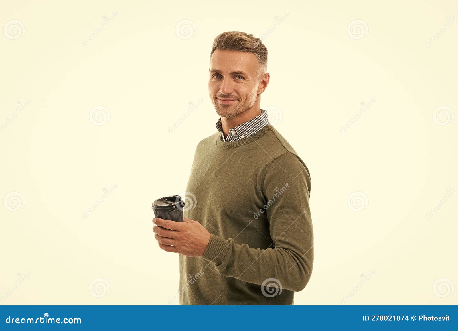 Happy Man at Coffee Break Isolated on White. Man at Coffee Break in ...