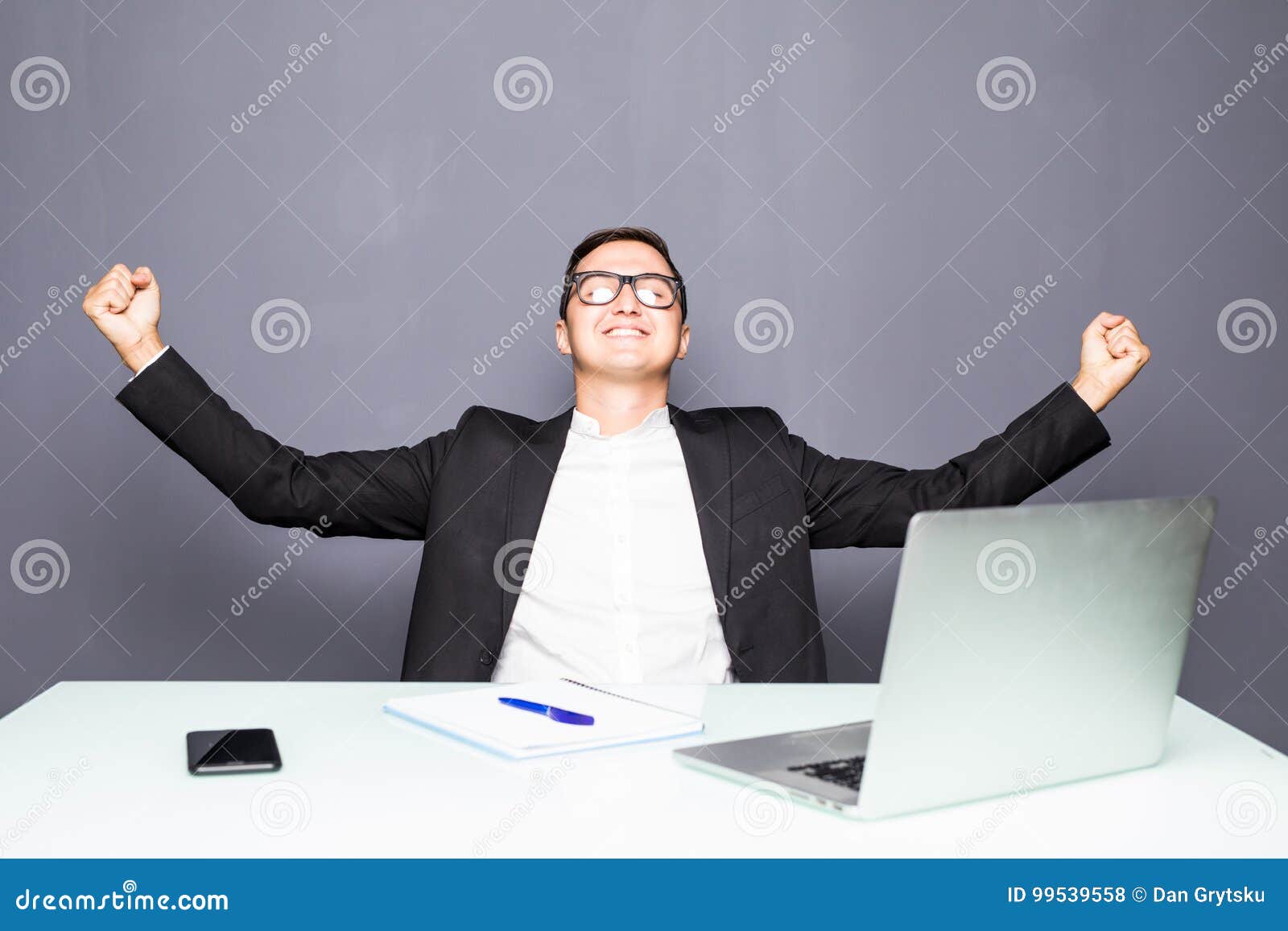 Happy Businessman Completed Task and Triumphing with Raised Hands Stock ...