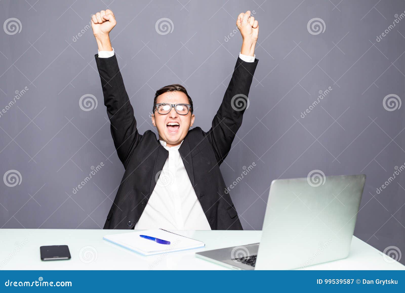 Happy Businessman Completed Task and Triumphing with Raised Hands Stock ...