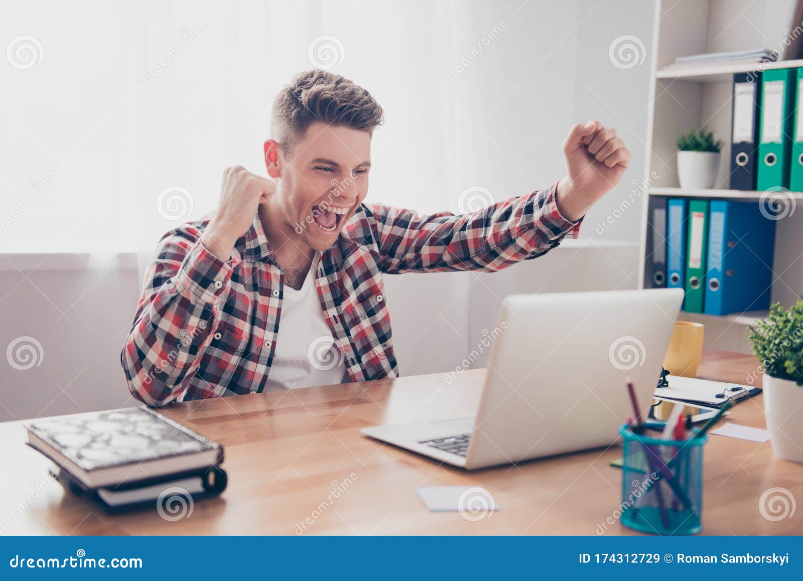 Happy Man Completed Task and Triumphing with Raised Hands Stock Image ...
