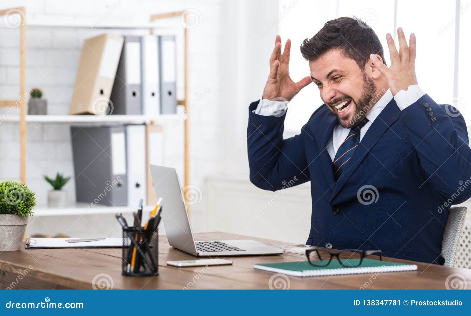 Happy Man Completed Task and Triumphing with Raised Hands Stock Image ...