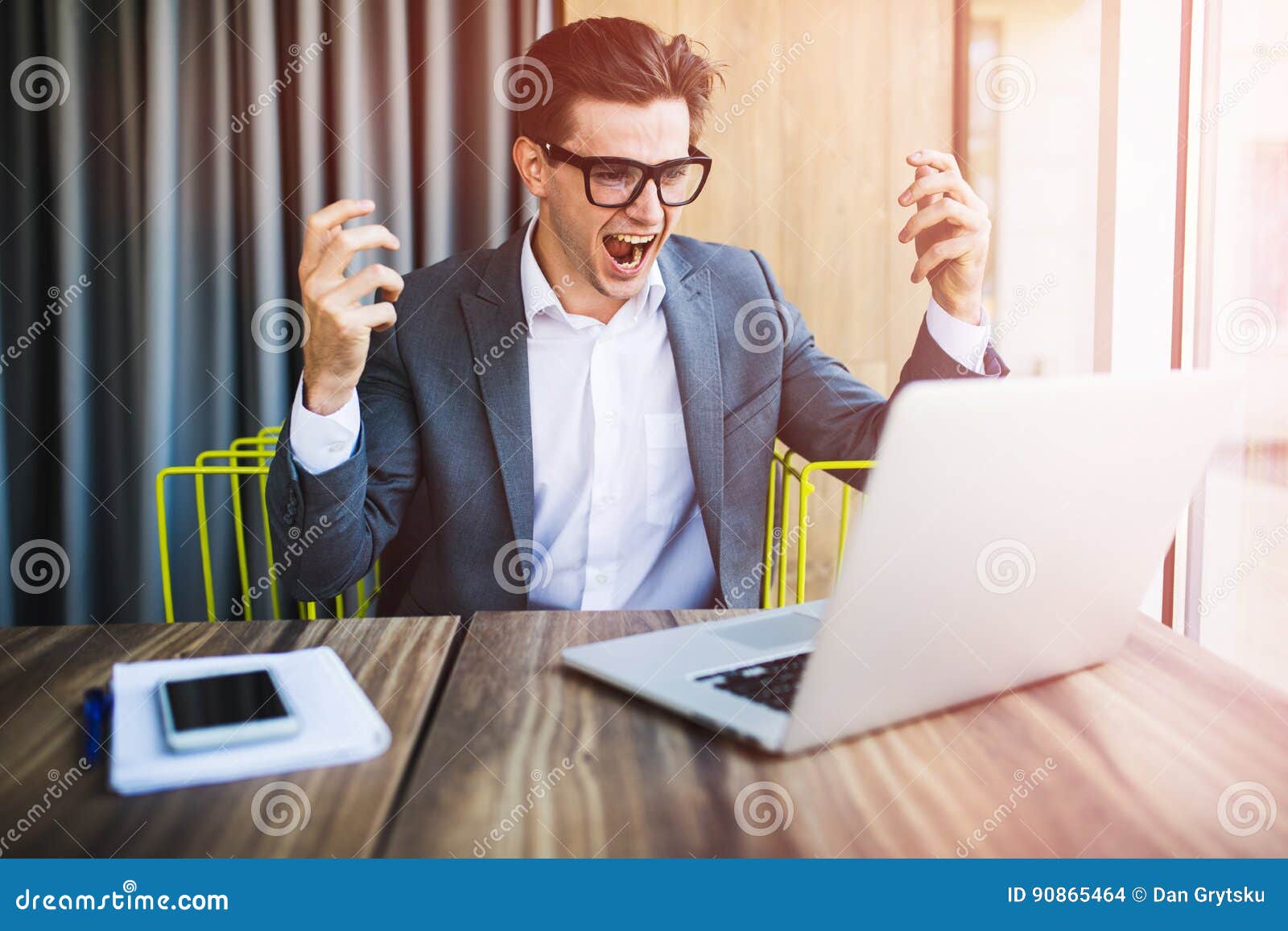 Happy Man Completed Task And Triumphing With Raised Hands And Victory ...