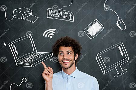 Happy Man with Computer Technology Stock Photo - Image of data ...