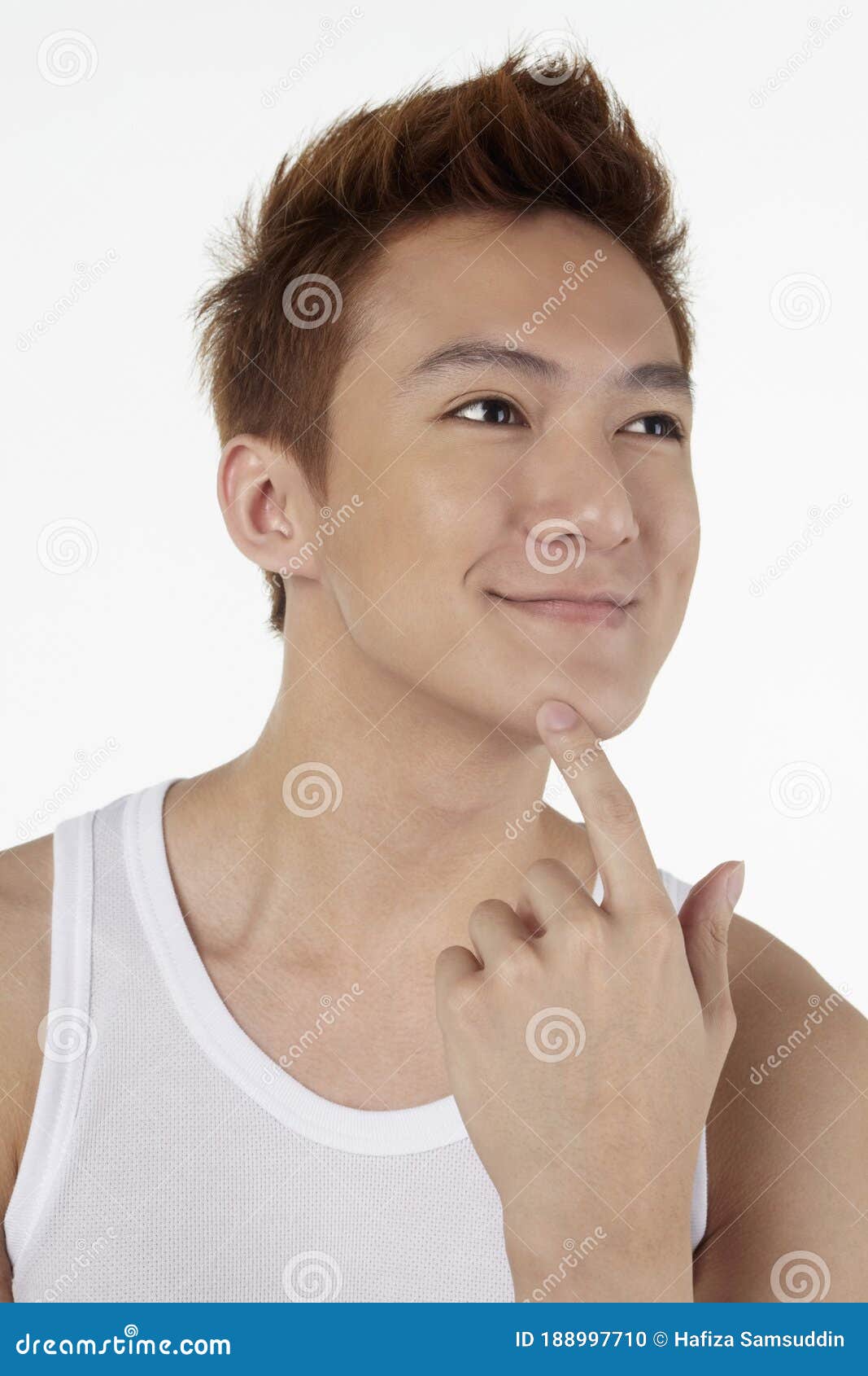 Happy Man Contemplating with Finger on Chin. Conceptual Image Stock ...