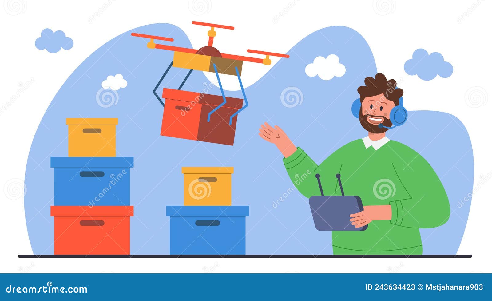 Happy Man Controlling Drone with Remote Flat Vector Illustration Stock ...