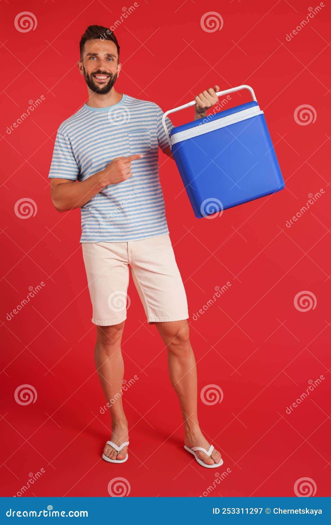 Happy Man with Cool Box on Red Background Stock Image - Image of happy ...