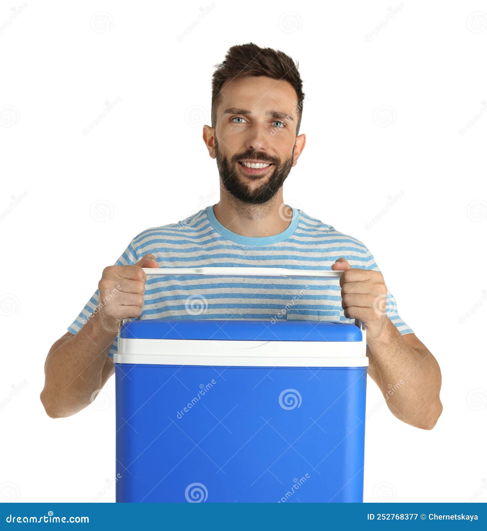 Happy Man with Cool Box on White Background Stock Image - Image of ...