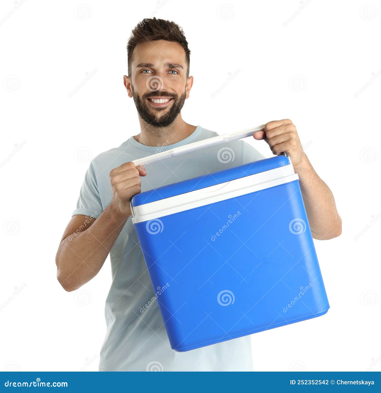 Happy Man with Cool Box on White Background Stock Photo - Image of ...