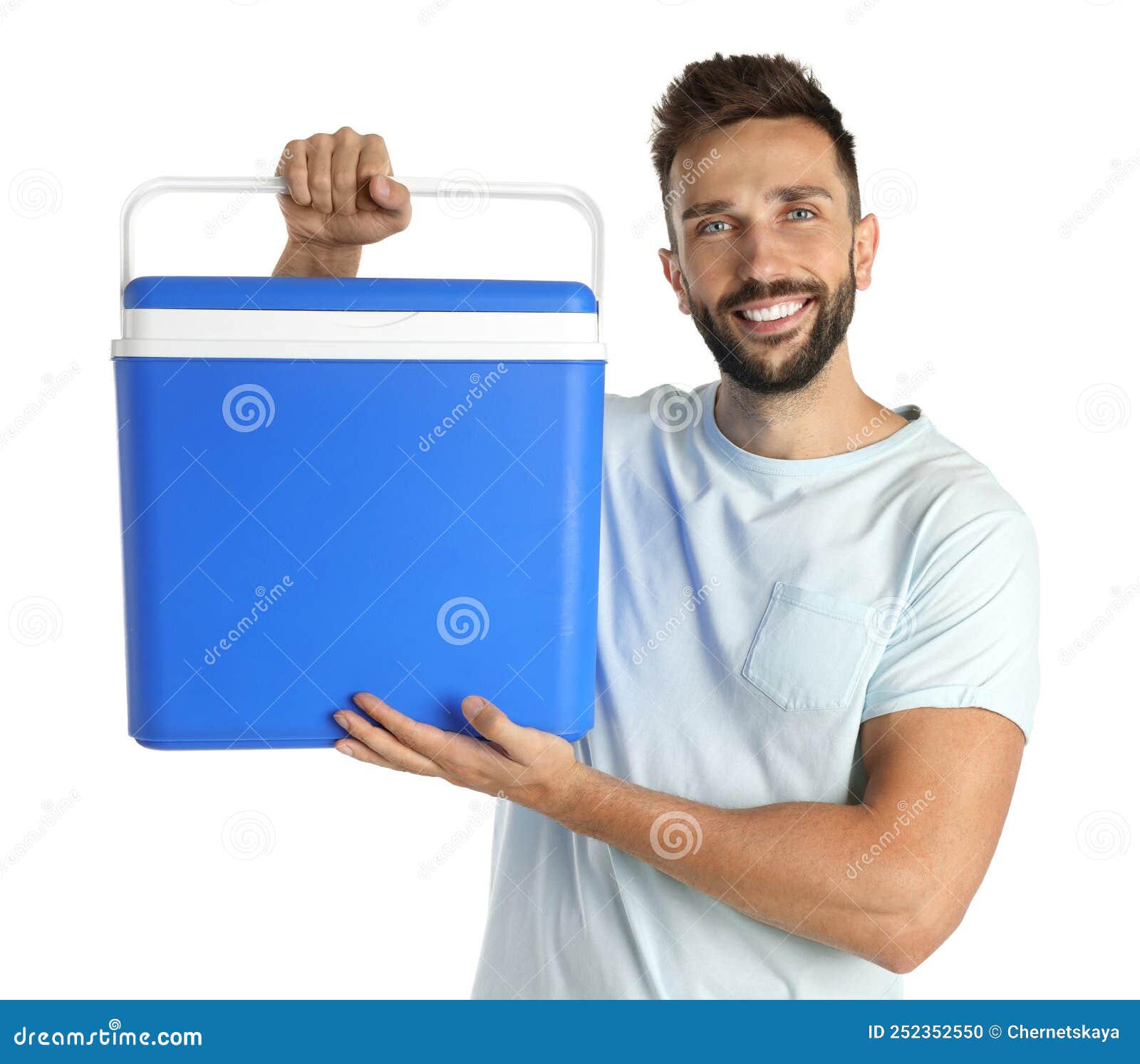 Happy Man with Cool Box on White Background Stock Photo - Image of ...