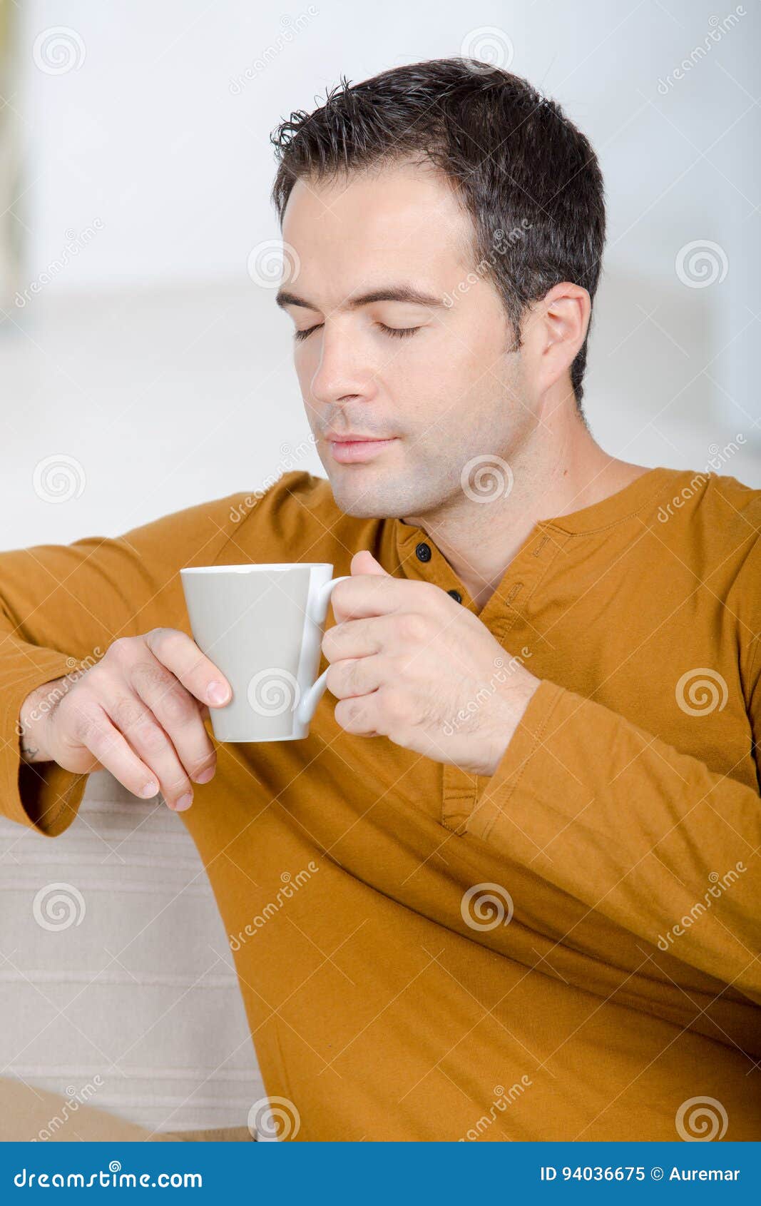 Happy Man with Cup Tea at Home Stock Image - Image of resting, room ...