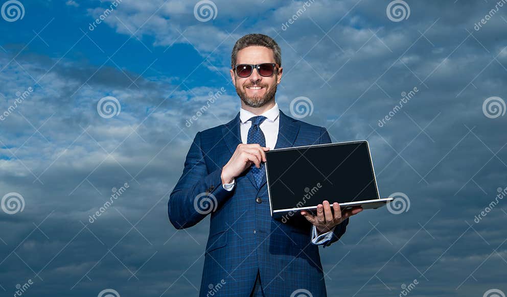 Happy Man Developer Showing Open Laptop. Successful Desktop Developer ...