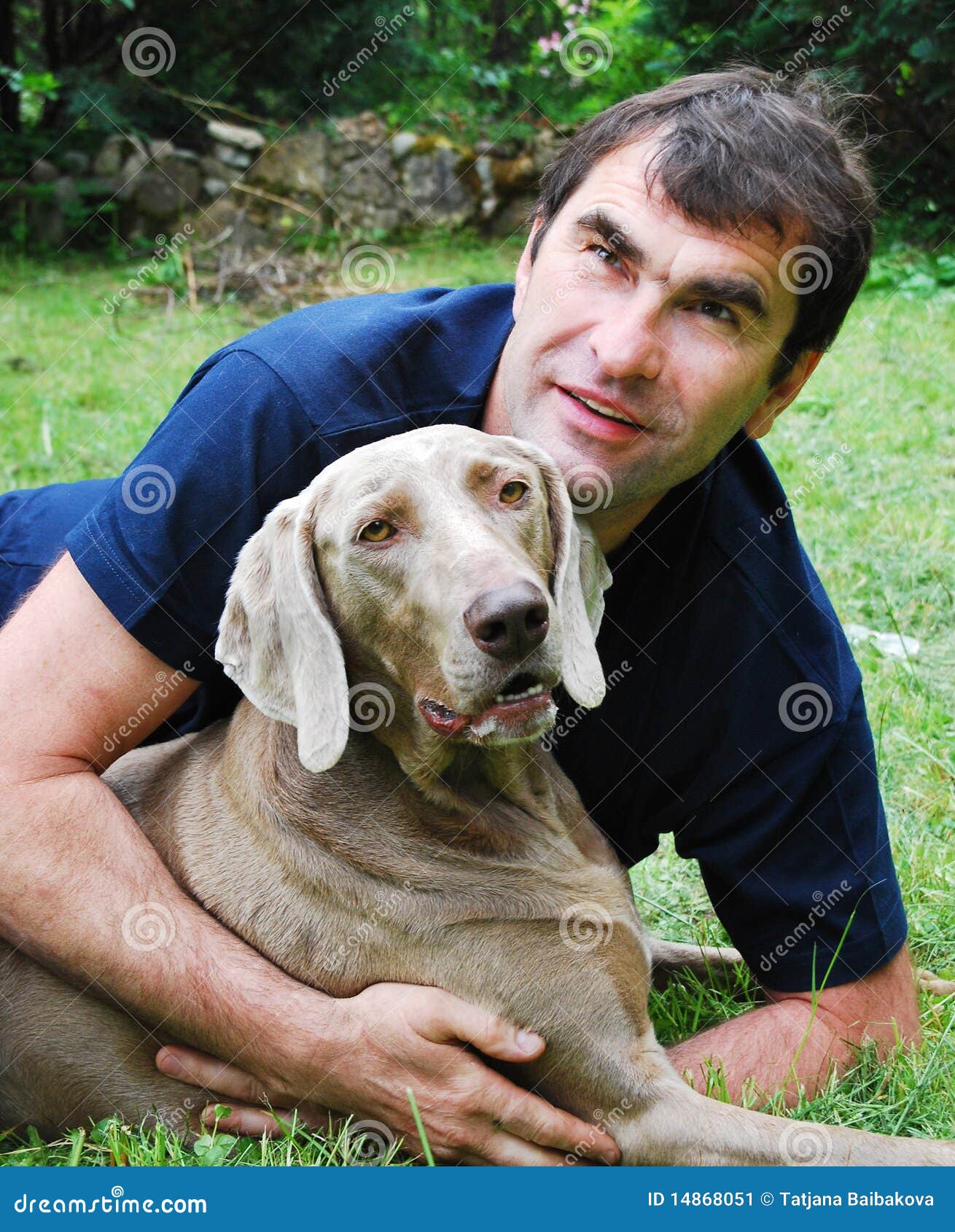 Happy man and dog stock image. Image of male, adult, blue - 14868051