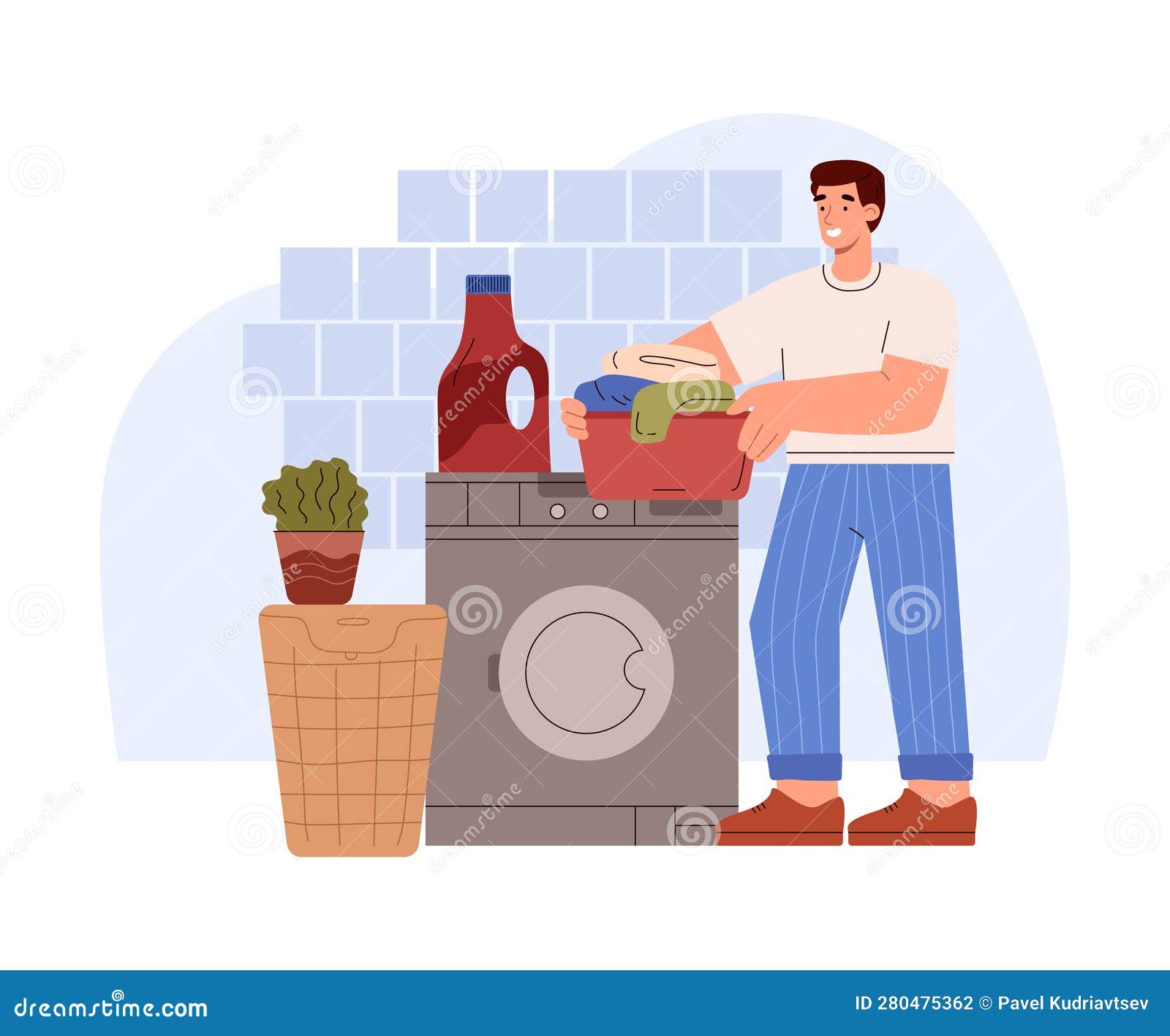 Happy Man Doing Laundry, Flat Vector Illustration Isolated on White ...