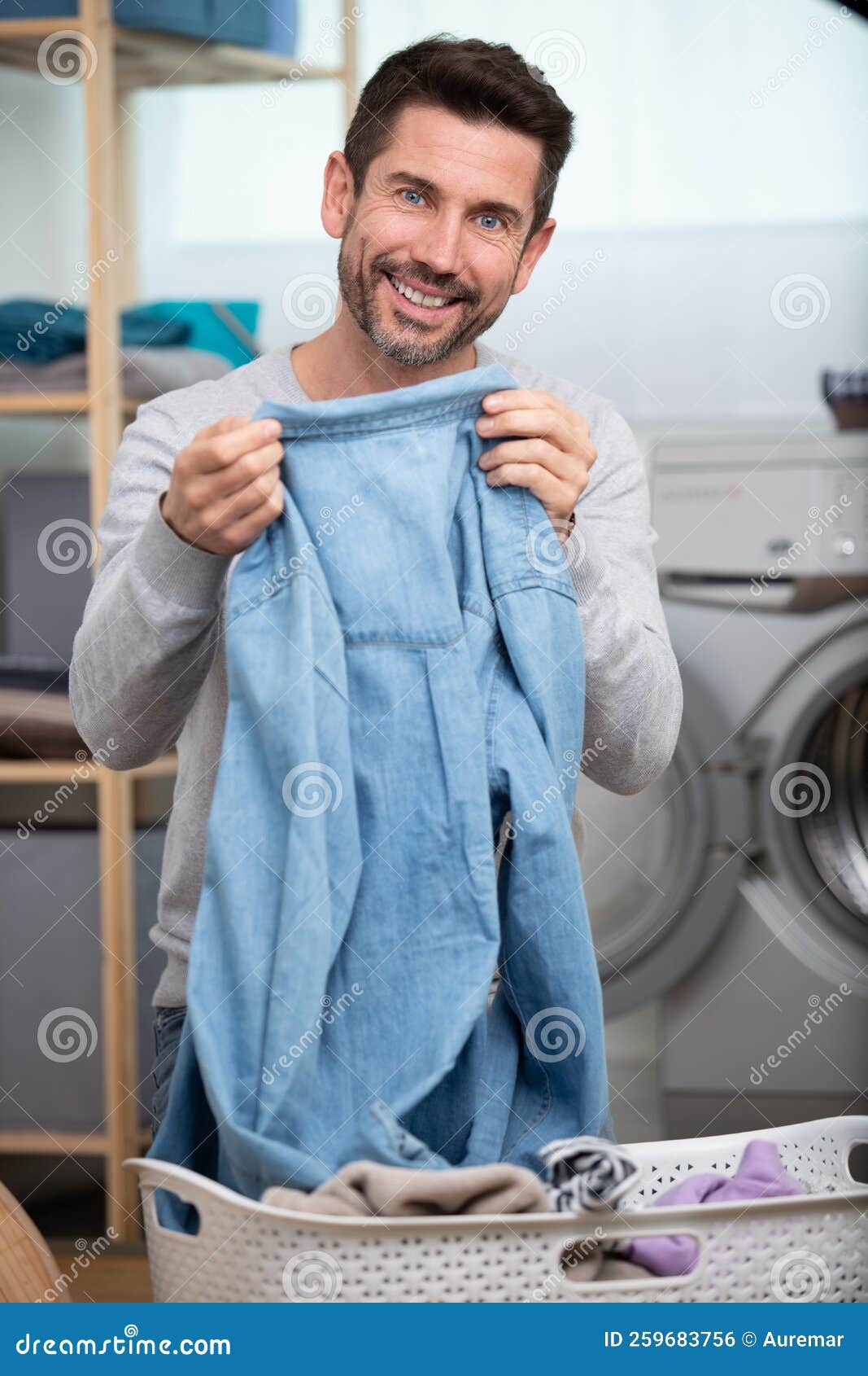 Happy Man Doing Laundry at Home Stock Photo - Image of inside, clothes ...