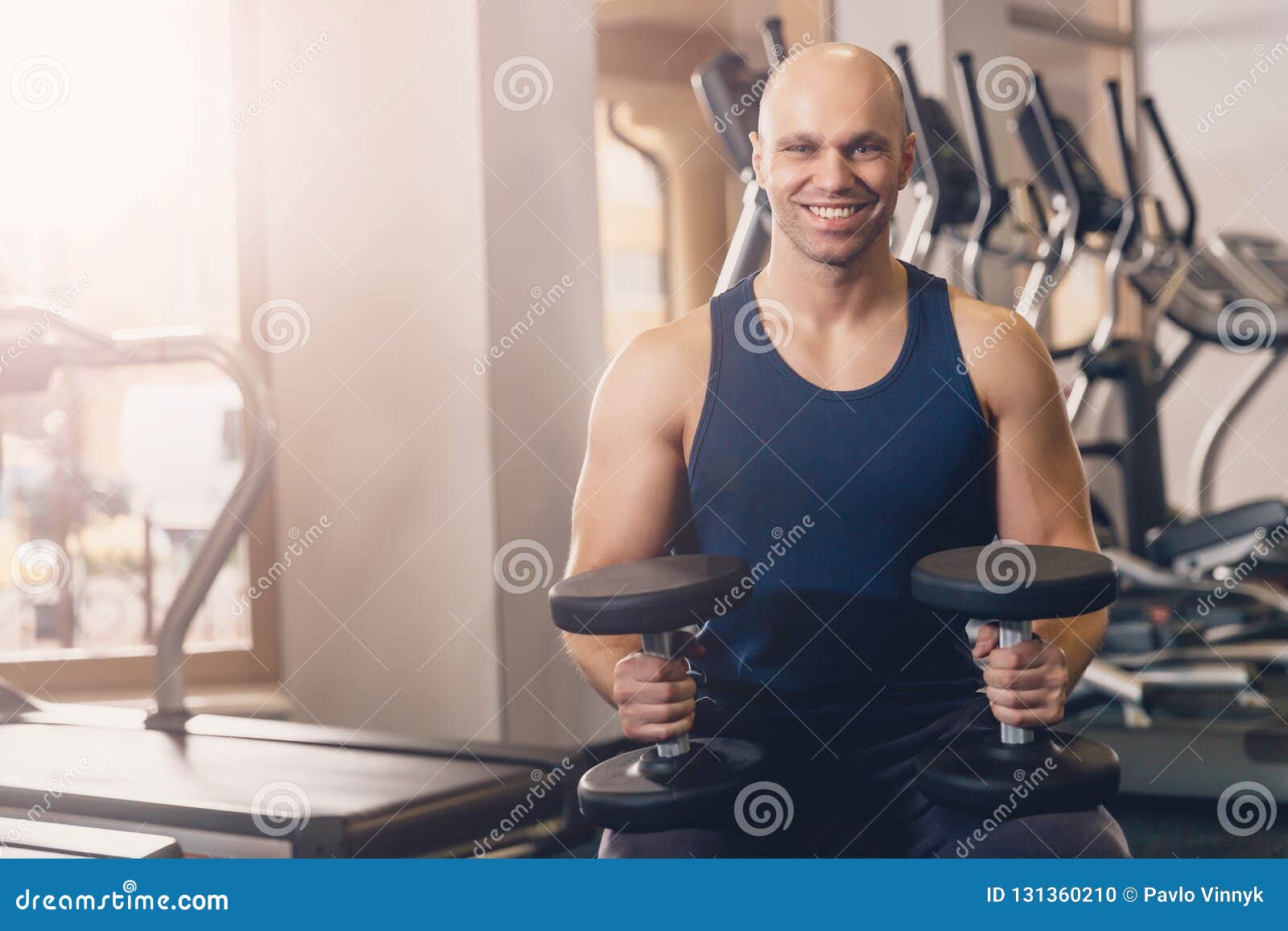 Happy Man Doing Strength Exercise Dumbbell Hands Stock Photo - Image of ...