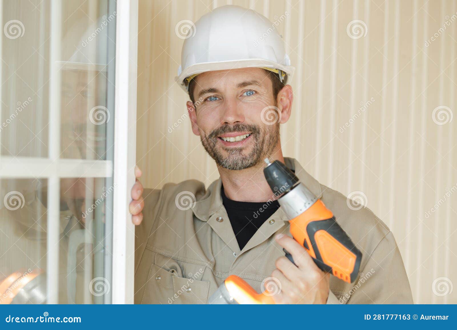 Happy Man Drilling Window Frame Stock Image - Image of driller, factory ...