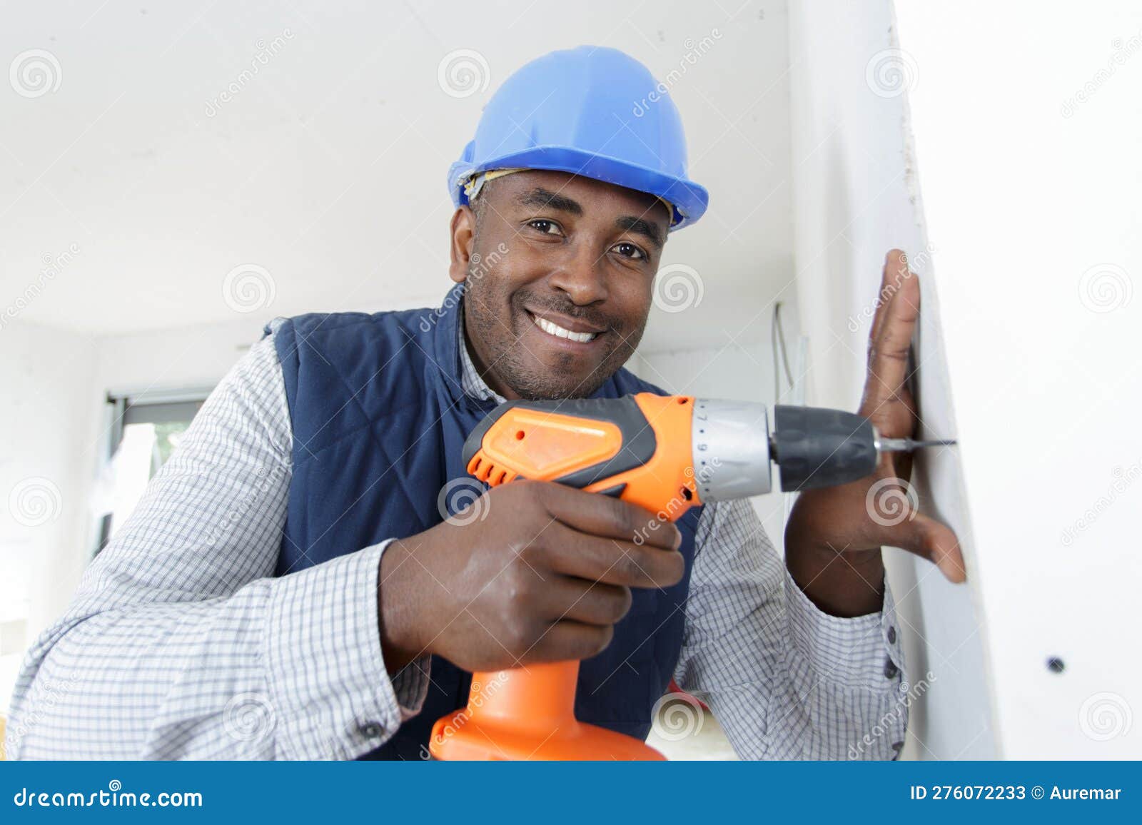 Happy Man Drills Wall with Drill Stock Image - Image of manual, workman ...