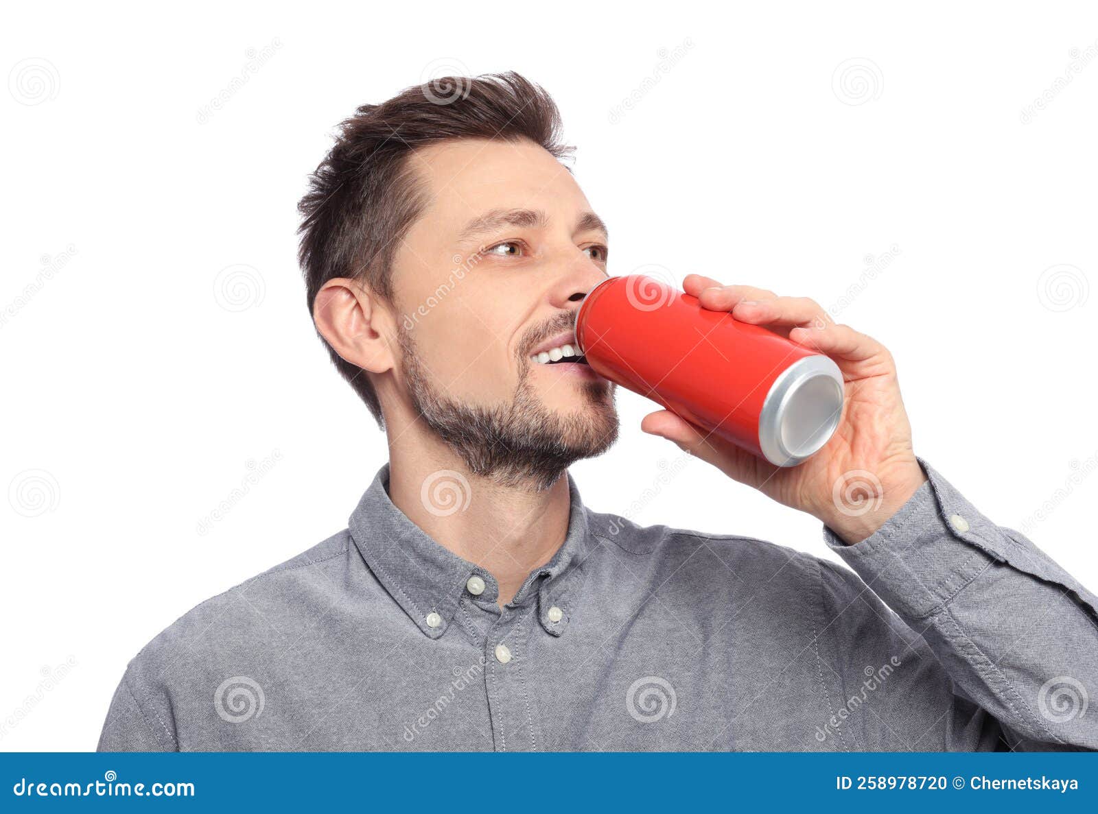 Happy Man Drinking from Tin Can on White Background Stock Photo - Image ...